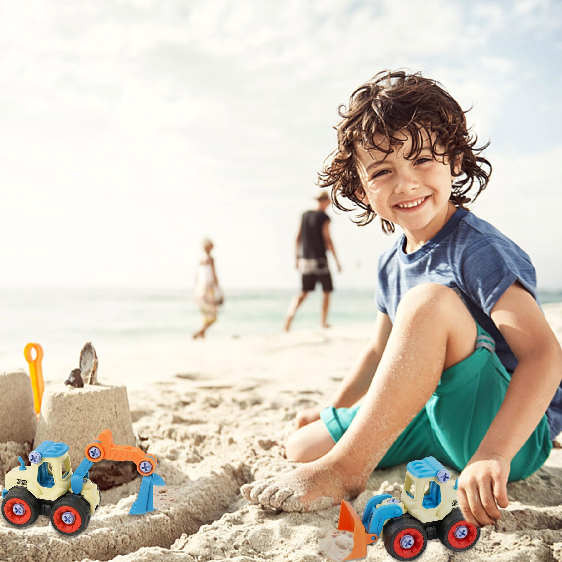 Sand Toys for Kids Toddlers: Take Apart Construction Toys Truck Set Includes Road Roller, Excavator, Bulldozer, Drilling Truck