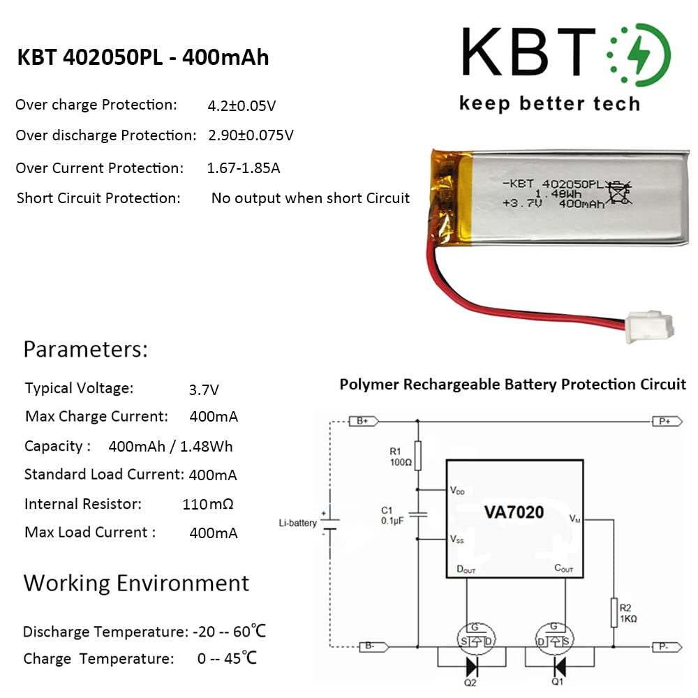 KBT 3.7V 400mAh Li-Polymer Battery: 402050 Lipo Rechargeable Lithium-ion Replacement Batteries with JST Connector