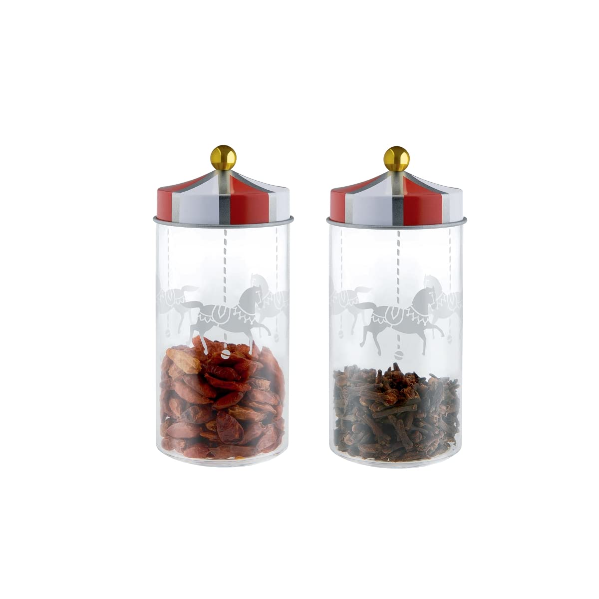 Circus, Set of two spice jars in silk-screen glass with hermetic lid in tinplate.