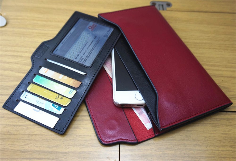 NIGEDU Women Long Wallet Genuine Cowhide Leather Cards Holder Clutch Purse Phone Bag (Wine Red)