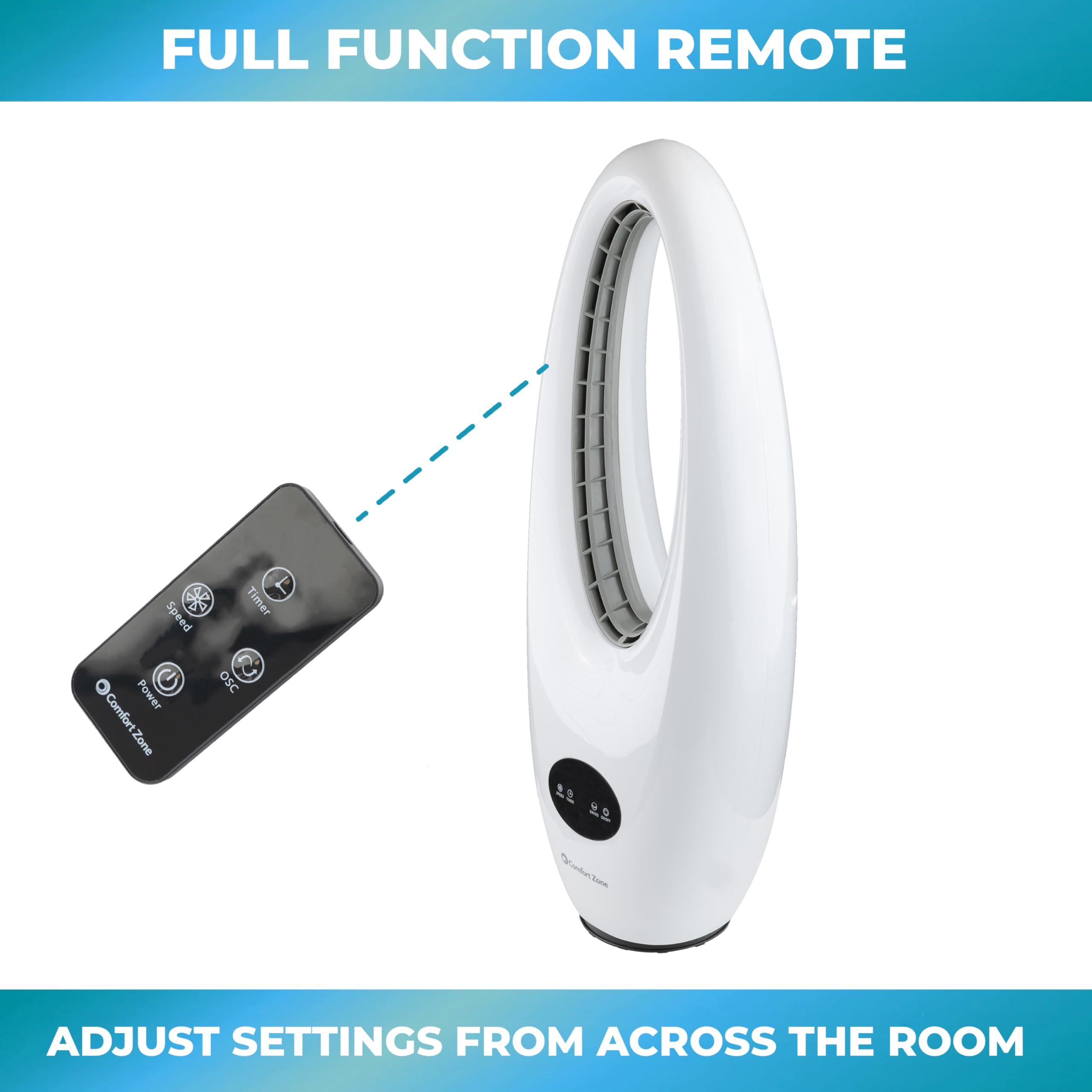 Comfort Zone Oscillating Bladeless Tower Fan with Remote Control, 28 inch, 3 Speed, 70 Degree Oscillation, Portable, 9-Hour Timer, LED Display, Ideal for Home, Bedroom, Dorm & Office, CZ12548