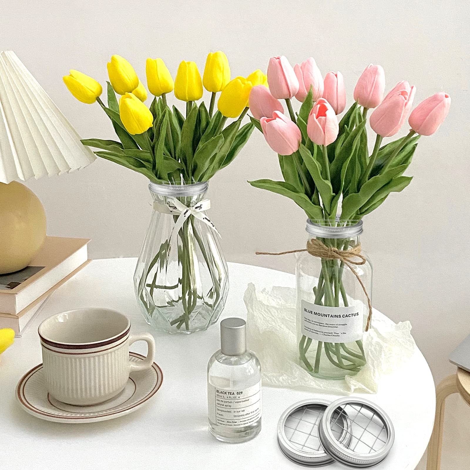Cinvo Flower Mason Jar Insert Lid Metal Flower Organizer Frog Lid for Regular Mouth Mason Canning Jars Bouquet Easy Flower Arranging(6 Set Rings and Separate Lids)