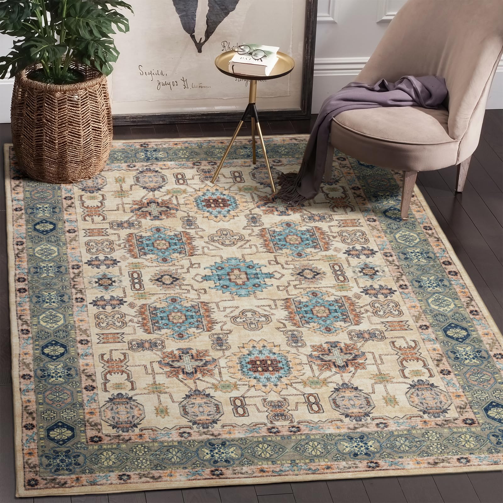 Domitapis Area Rug 5Ă7, Large Vintage Boho Rug,Ultra-Soft Low Pile, Washable, Non Slip,Stain Resistant, Carpet for Living Room Bedrooms Playroom Office Kitchen,Cream/Blue