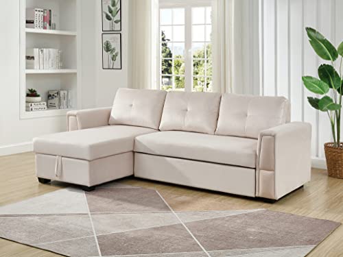 Legend Vansen 91" Wide Reversible Sofabed Sectional Sofas with Chaise,Velvet Storage L-Shape Twin Size for Living Room Couch Sleeper, Cream