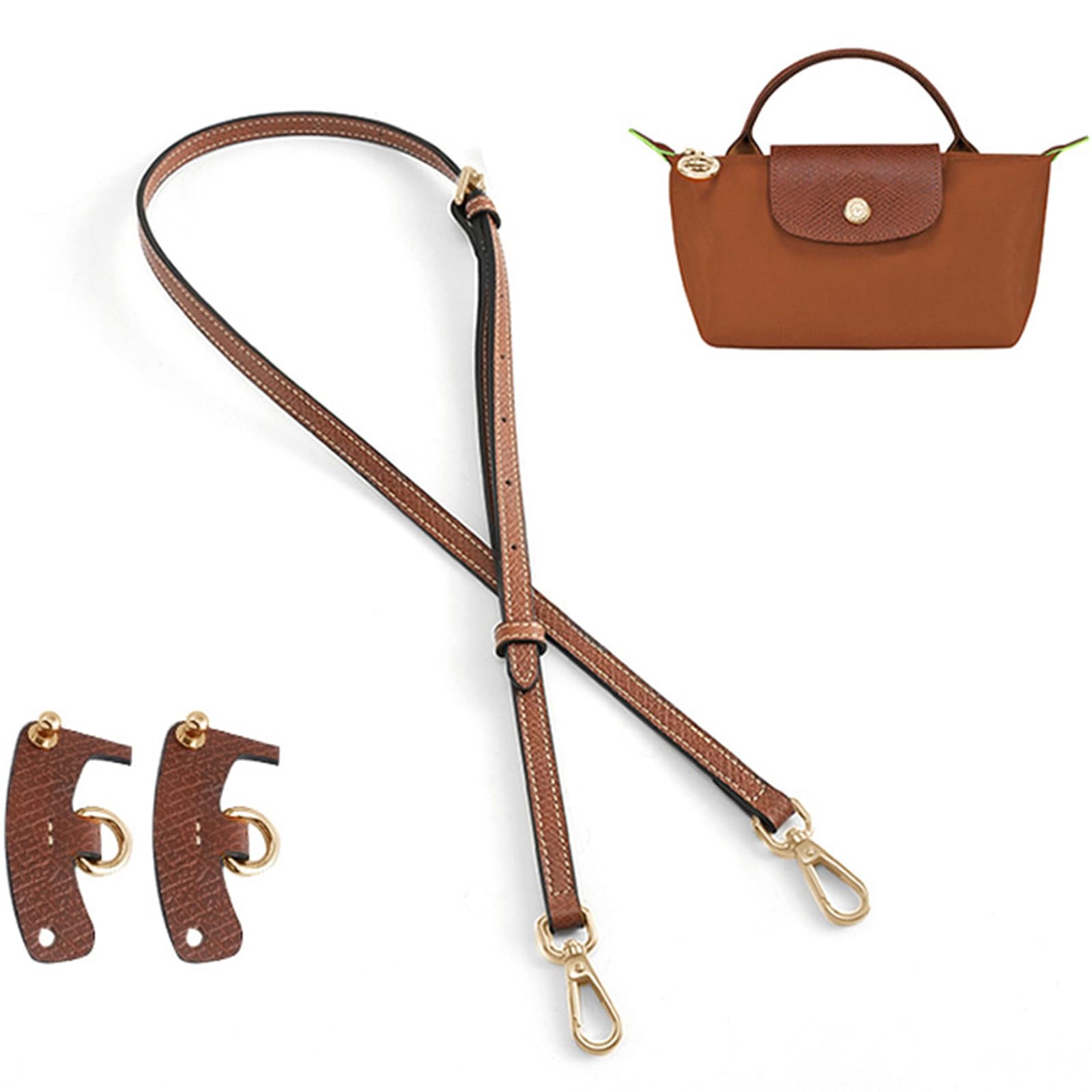 jiesinlov Leather Bag Shoulder Strap Compatible with Mini Pouch,Purse Straps Crossbody Adjustable Replacement Conversion Kit Fit for Handbag (BROWN-GOLD)