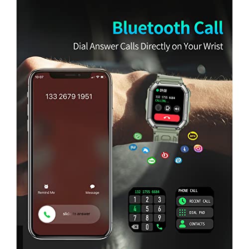 Military Smart Watch (Double Strap), 1.8'' Smart Watches for Men With Bluetooth Call (Answer/Dial Calls), Mens Tactical Smartwatch for Android iPhone, 5ATM Waterproof Watch, 107 Modes Fitness Tracker