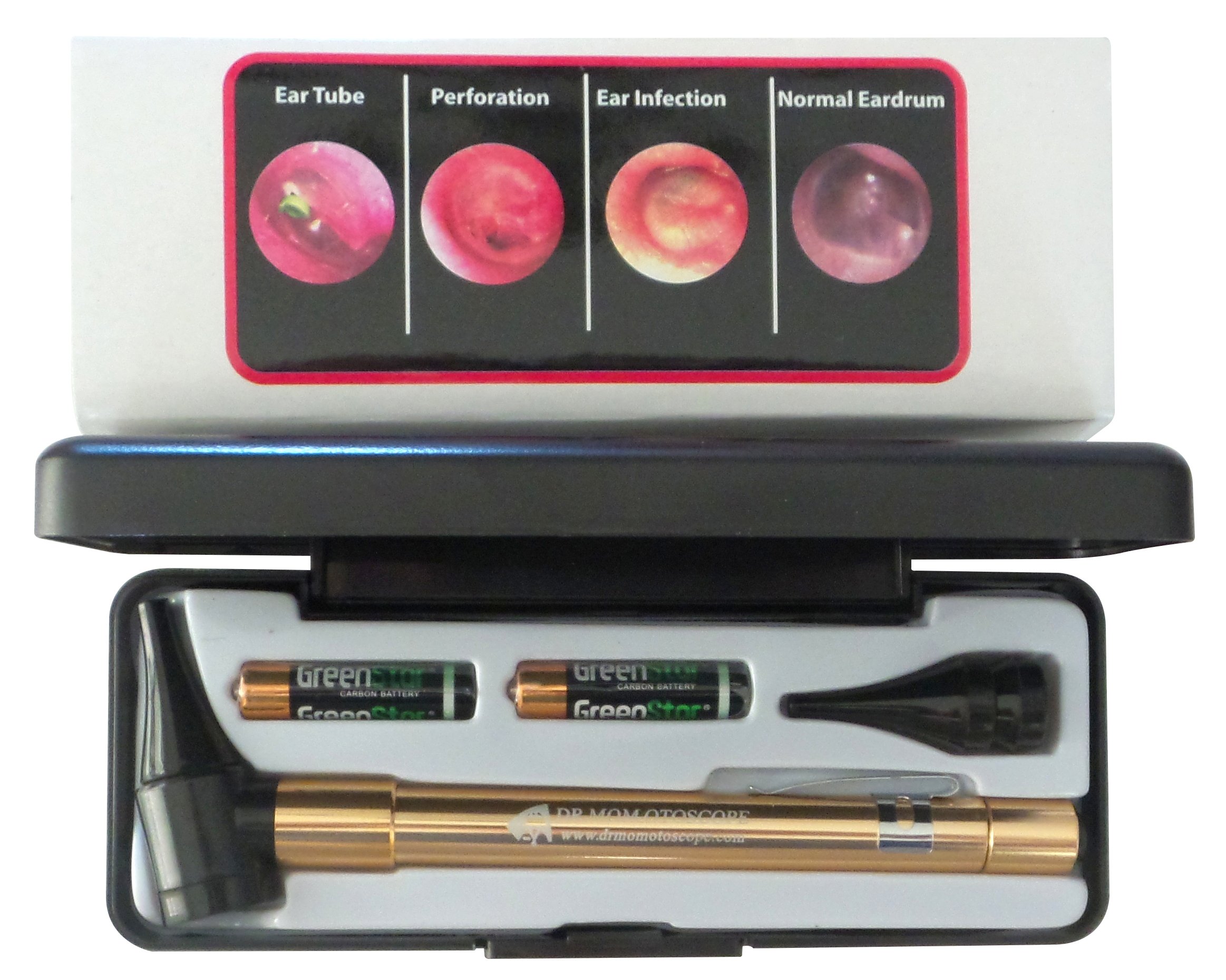 Hard CASE - Third Generation Dr Mom Slimline Stainless LED Pocket Otoscope Now Includes True View Full Spectrum LED and Pocket Clip in Hard Plastic case for Travel - Gold