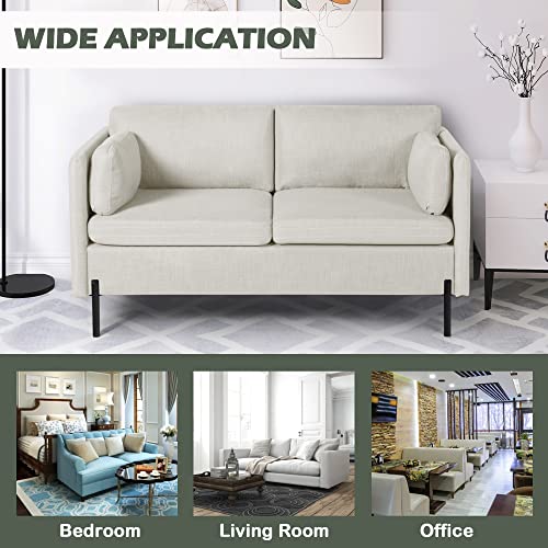 LINLUX 55''W Upholstered Modern Loveseat Sofa Couch for Living Room, Fabric Small Love Seat w/ 2 Pillows and Iron Legs, 2 Seat Small Couches for Small Spaces, Bedroom, Apartment, Office, Light Beige
