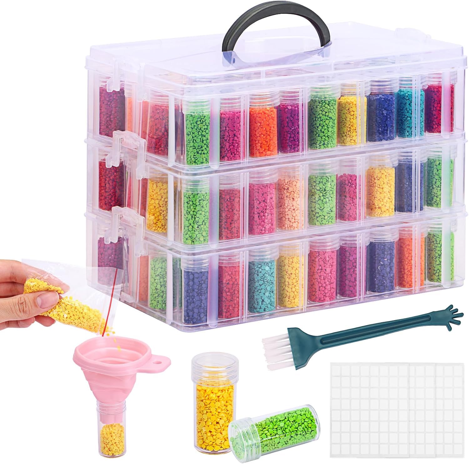 doovide 3-Tier Diamond Painting Storage Container, 150 Slots Portable Bead Organizer Box, Stackable Crafts Organizers for DIY Diamond Art Craft Jewelry Bead Storage (150)