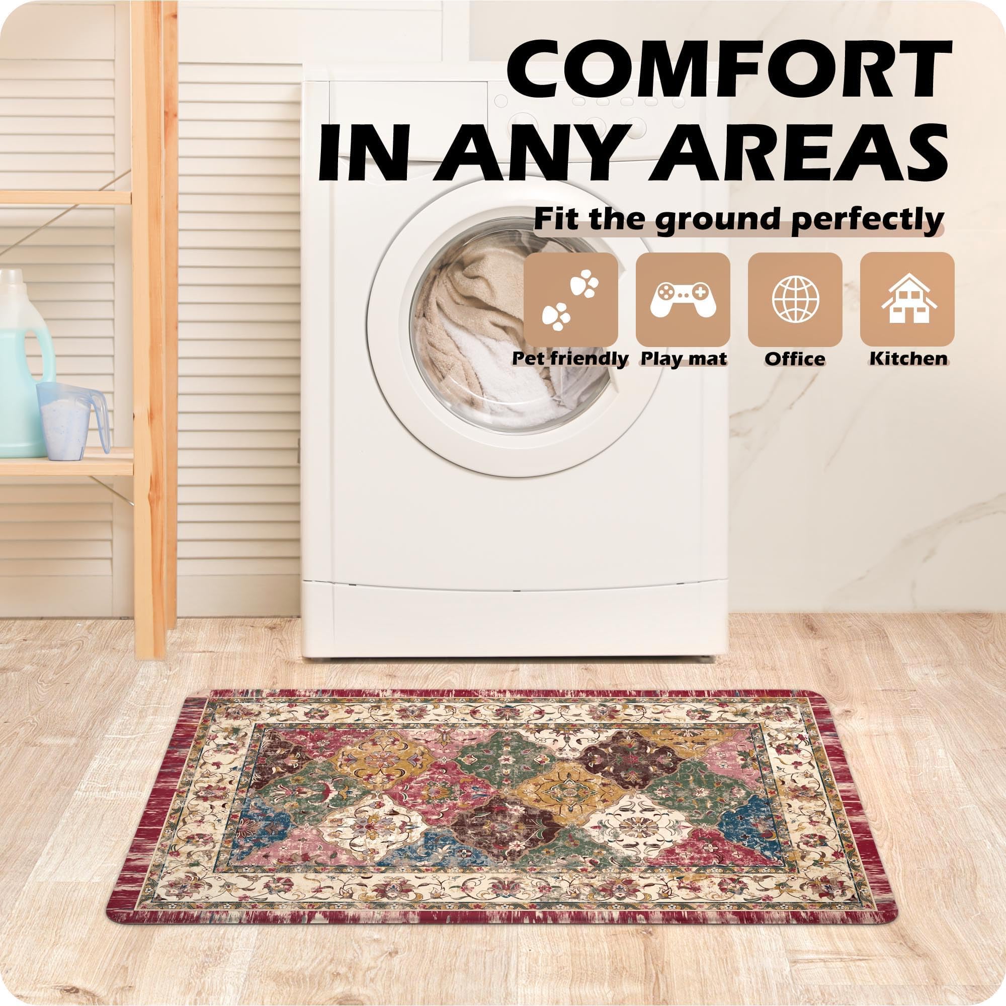 chiinvent Boho Style Kitchen Rugs and mats Set of 2,Retro Farmhouse Kitchen Mats for Sink,Cushioned Anti-Fatigue Comfort Kitchen Waterproof Non-Skid,Laundry Area Rugs Runner 17.3"x28"+17.3"x47"