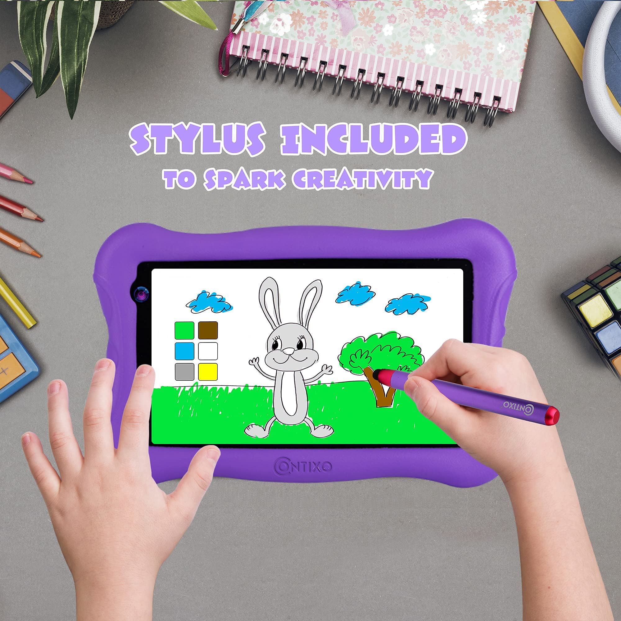 Contixo V10 Plus 7 inch Kids Learning Tablet Bundle - 2GB RAM 32GB Storage, Bluetooth, Android 10, Dual Cameras, Parental Control, Come with Kids Bluetooth Headphone & Tablet Bag - Purple-Set