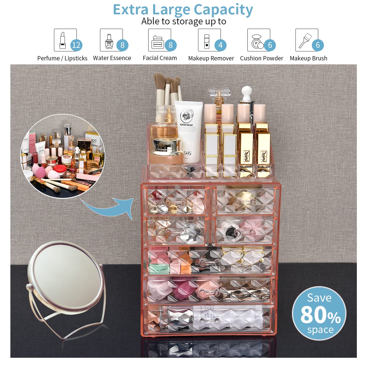 COMVTUPY Clear Makeup Organizer with Brush Holder, Large Acrylic Cosmetic Display Jewelry & Make Up Organizers and Storage for Vanity, Bathroom (3 Large, 4 Small Drawers, Diamond Pink)