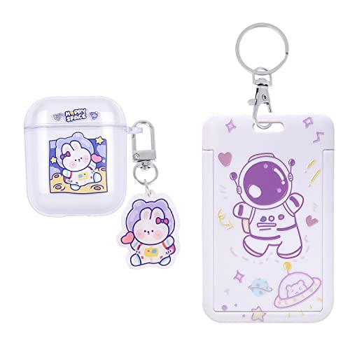 Fycyko Compatible with AirPods 2 Case Clear Cute Cartoon Rabbit Keychain Protective Cover Space Astronaut Purple Pattern Card Cover Credit Card ID Window Design for AirPods 2 &1