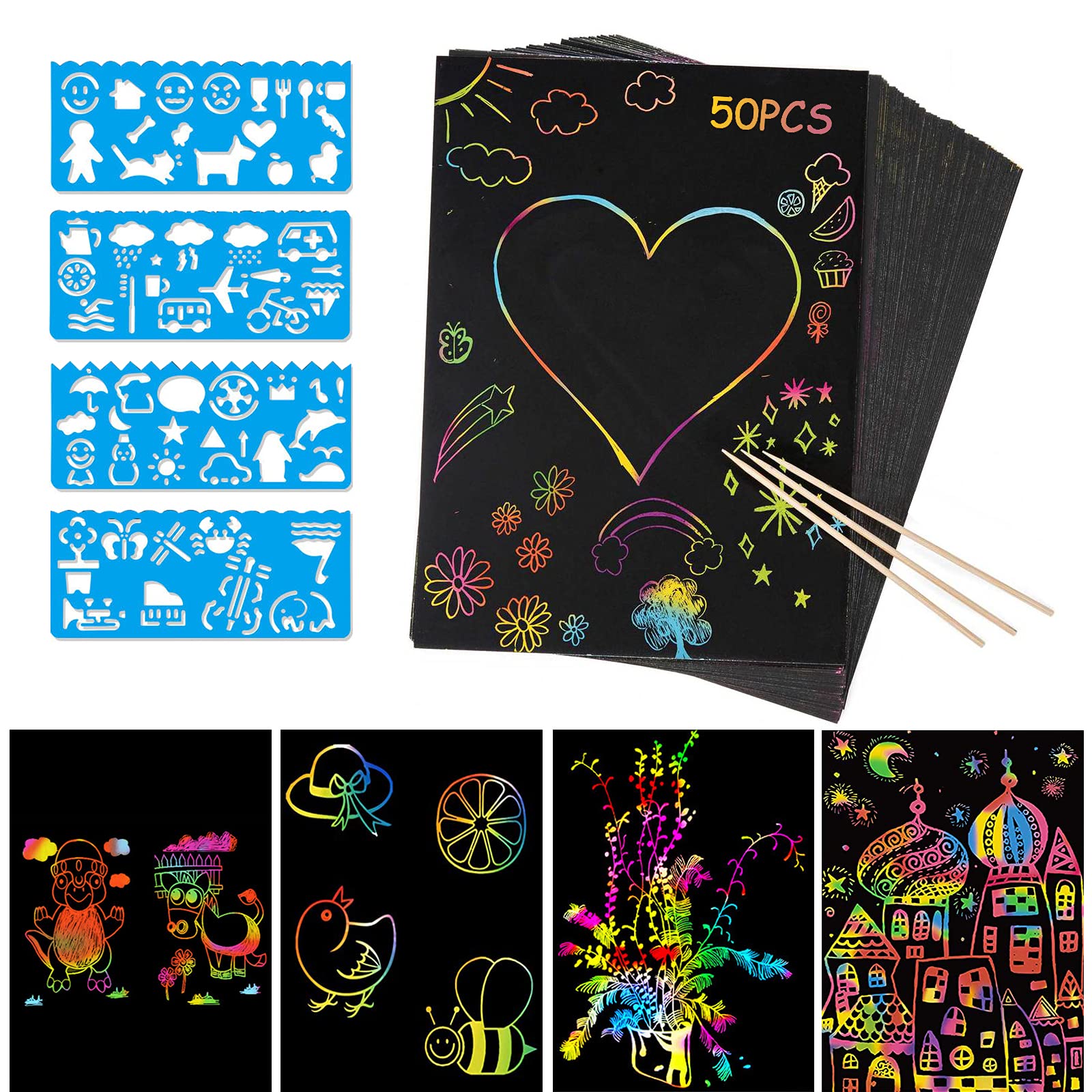 Scratch Paper Art Set, 50pcs Rainbow Scratch Paper Black Scratch Off Paper Art Supplies Magic Kit for Kids Crafts Activity