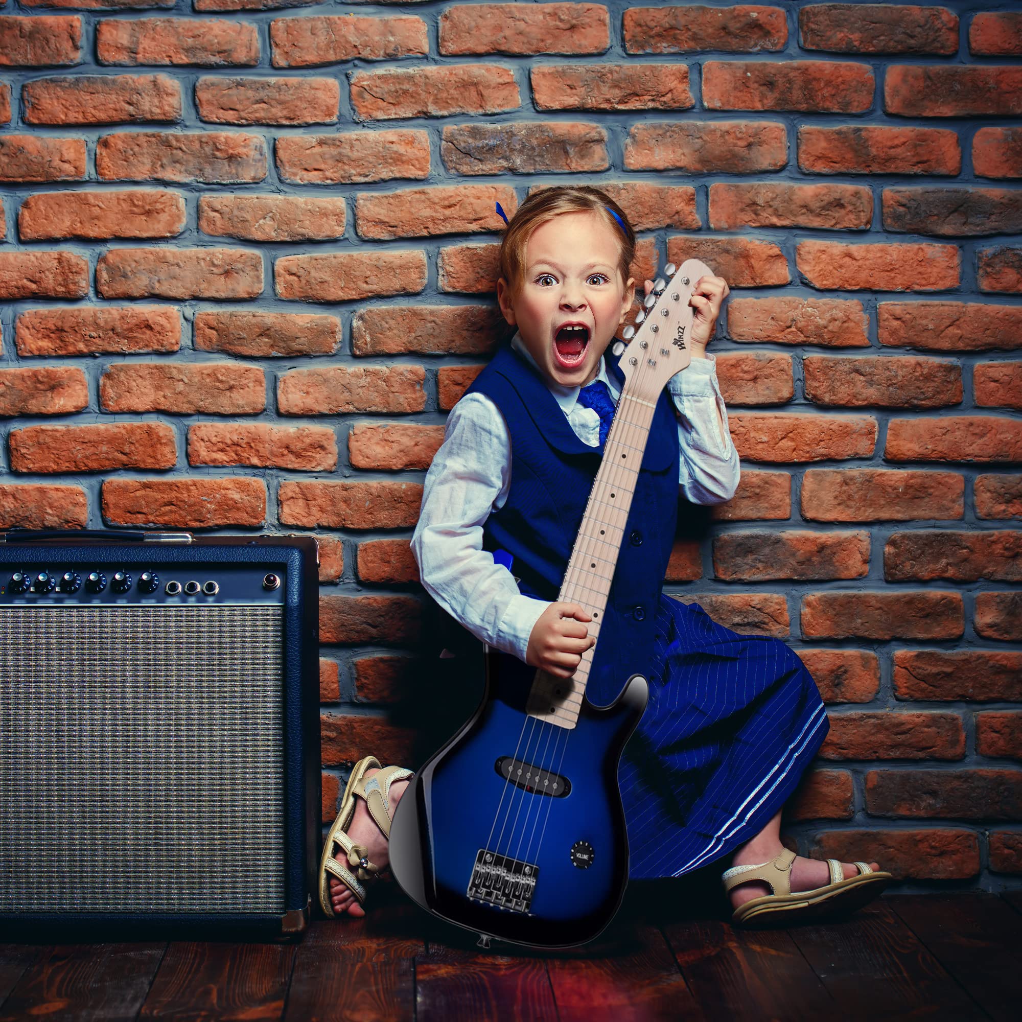 WINZZ EGM100 30 Inches Real Kids Electric Guitar with Beginner Kit, Right Handed, Blueburst