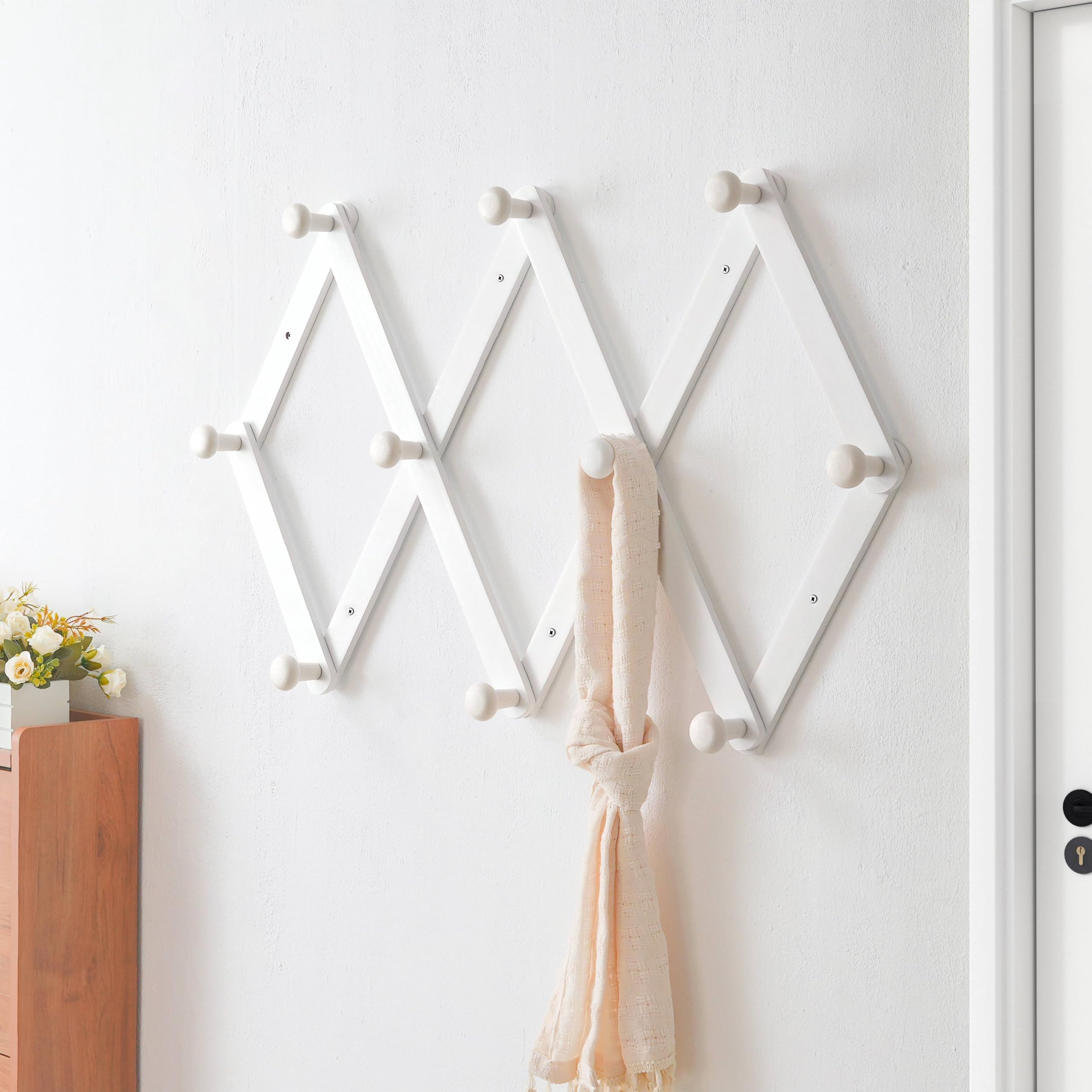 Dseap Expandable Coat Rack (Larger Version) - 24β High, Anti-Slip, Ultra Heavy Duty Wooden Accordian Wall Hanger with 10 Study Peg Hooks for Clothing Hats Jackets Bags, White