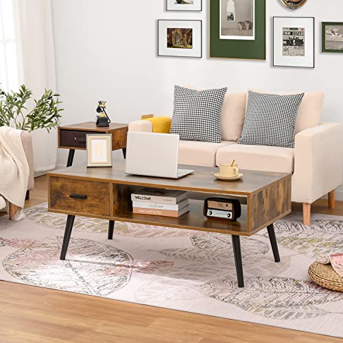 Iwell Mid Century Coffee Table with Drawer and Storage Shelf for Living Room, Wood Cocktail Table, Accent TV Table for Reception Room/Office, Easy to Assemble, Rustic Brown