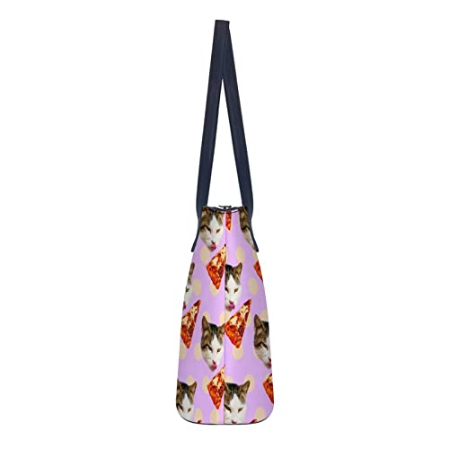 Cat Pizza Lover Women's Tote Bag PU Leather Shoulder Bag Handbags Purse For Work Shopping Travel