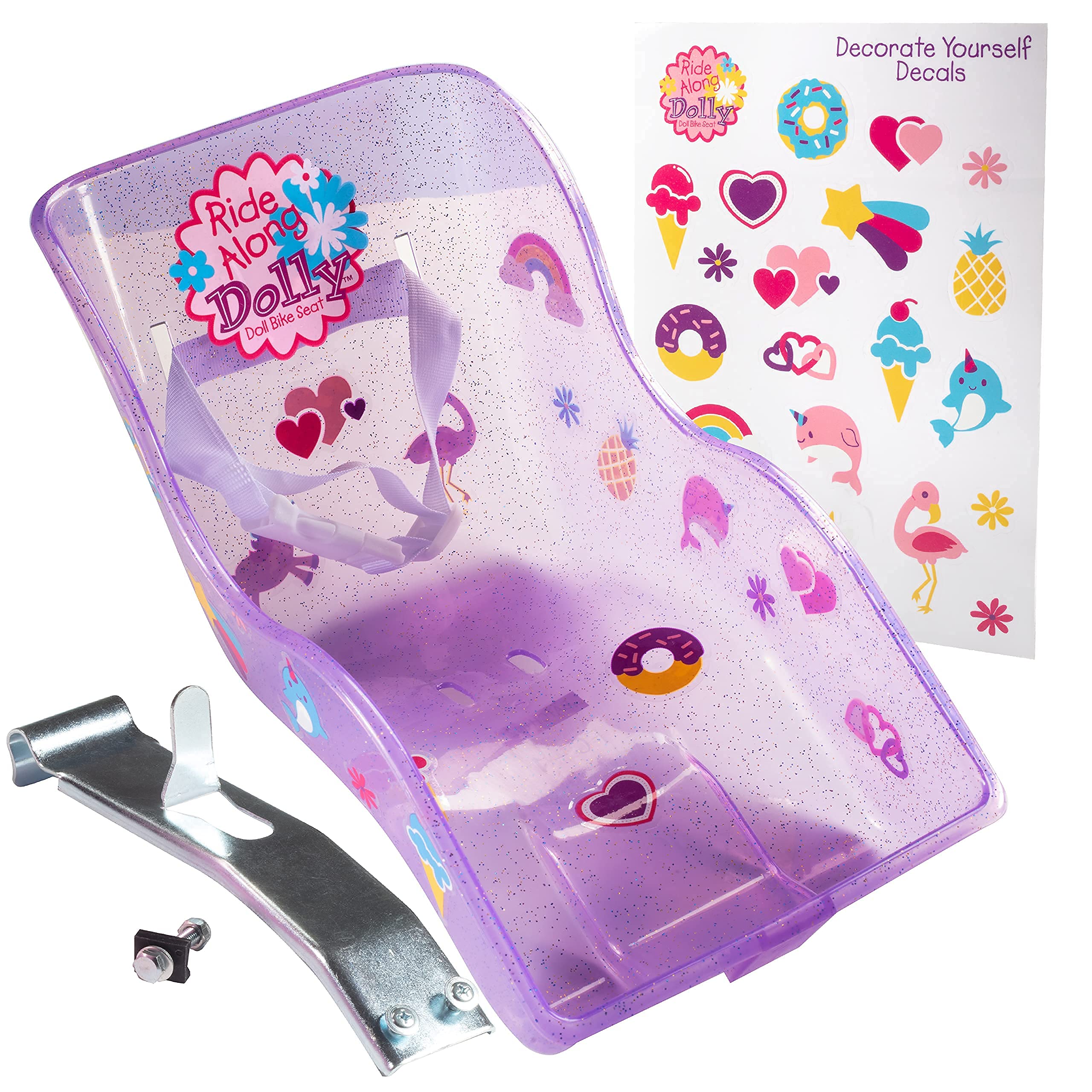 SCS Direct The Original Doll Bicycle Seat (Glitter Purple)-Bike Attachment Accessory for All 18-22" Dolls & Stuffed Bear-Decorate Yourself Decals Hardware Included! Gift Compatible with American Girl