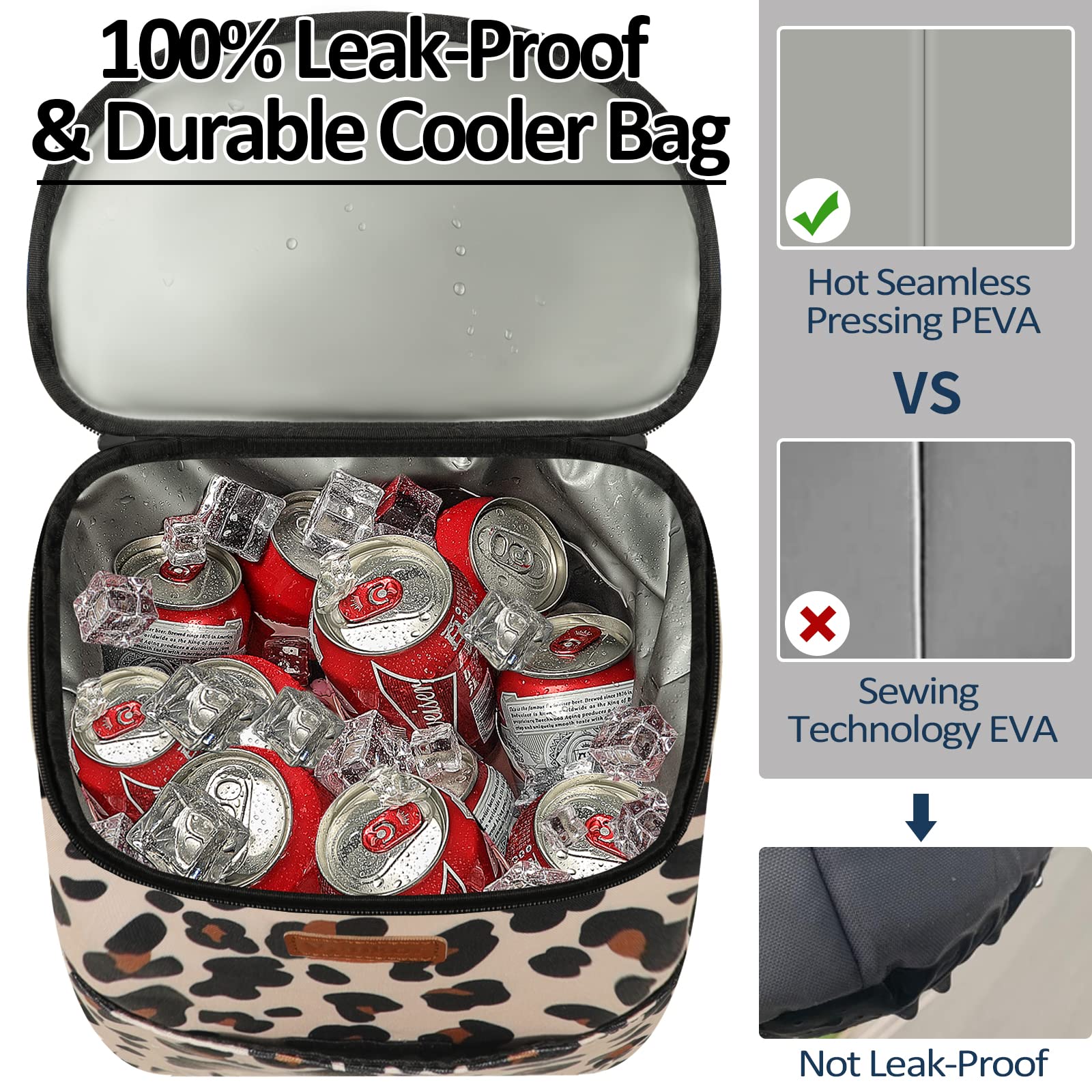Camping Cooler Backpack 30 Cans, Soft Backpack Coolers Insulated Leak Proof Travel Cooler Bag Waterproof Lunch Picnic Beach Work Trip Thermal Bag Drink Beverage Beer Bag Cooler Leopard Print