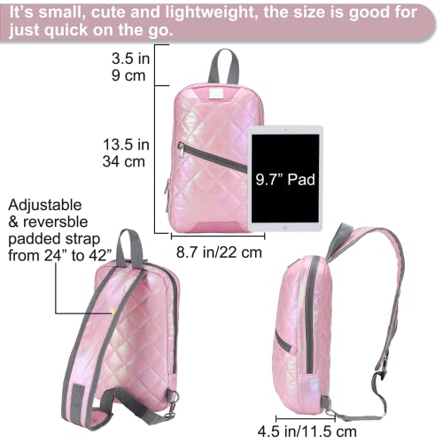 GBLQ PLUS Sling Bags, Iridescent Crossbody Shoulder Puffer Backpack for Women Men, Travel Hiking Small Chest Bag Daypack (Pale Pink)