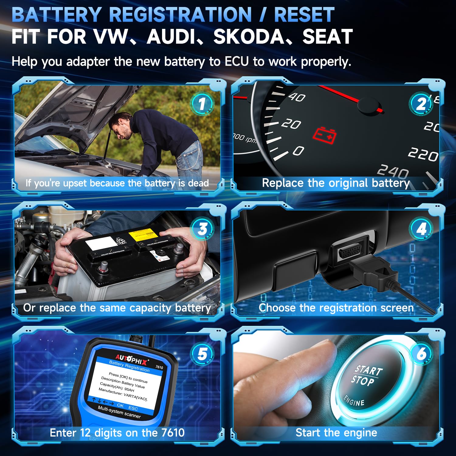 Car Code Reader for VW Audi Skoda Seat All Series, Enhanced AP7610 Full-Systems Diagnostic Scanner With Transmission EPB ABS SRS DPF TPMS Check Engine Oil Service & Brake Pad Reset Tool [New Version]