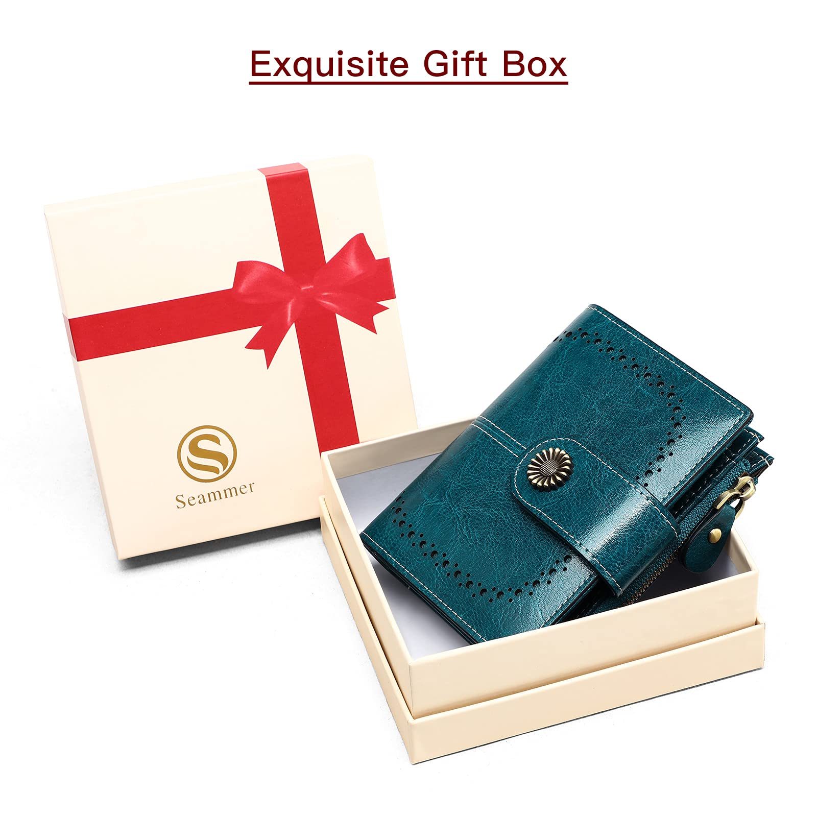Seammer Small Leather Wallet for Women RFID Blocking Bifold Zipper Pocket Card Case Purse with 2 ID Windows (Blue)
