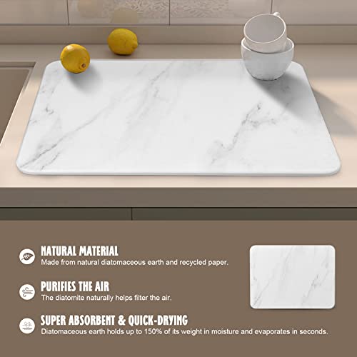 Stone Drying Mat for Kitchen Counter, Super Absorbent, Heat Resistant Dish Drying Mats, Eco-Friendly Diatomaceous Earth Stone Rack Tableware Mat (15.7x11.8 inch, Whtie Marble)