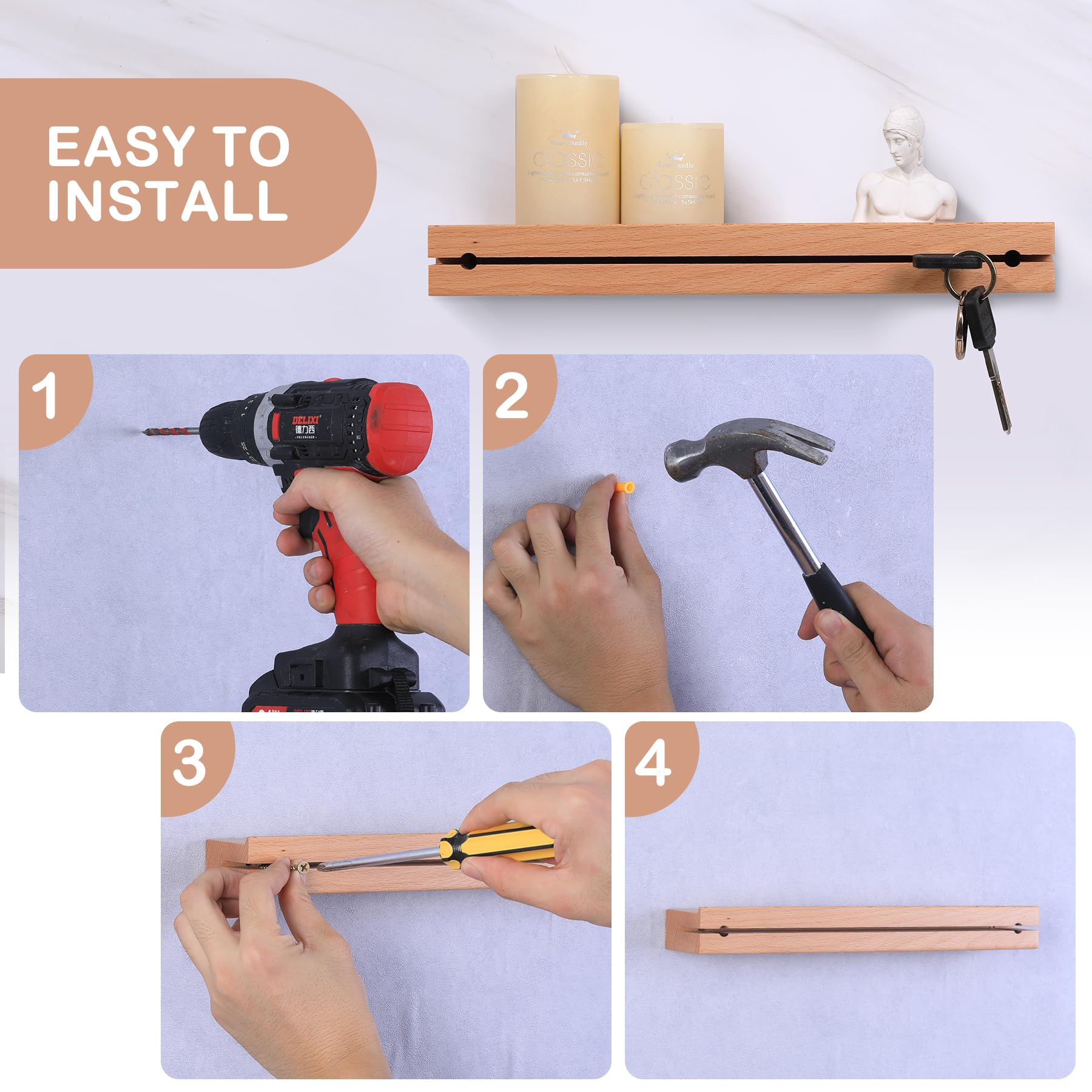 Gartely Wooden Wall Key Holder with Shelf Wood Key Rack Wall Magnetic Key Holder Board Magnet Key Storage Hook Wood Floating Shelf with Neodymium Magnets