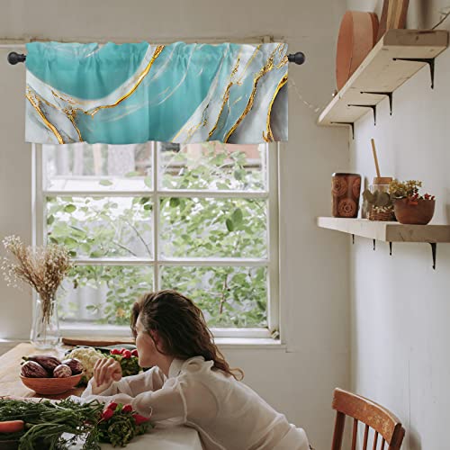 Marble Auqa Valance Curtains for Living Room/Bedroom/Bathroom/Kitchen Window,Rod Pocket Window Valance Tiers Small Window Curtain Drape Window Panel Treatment,Modern Abstract Gold White Art 1 Panel