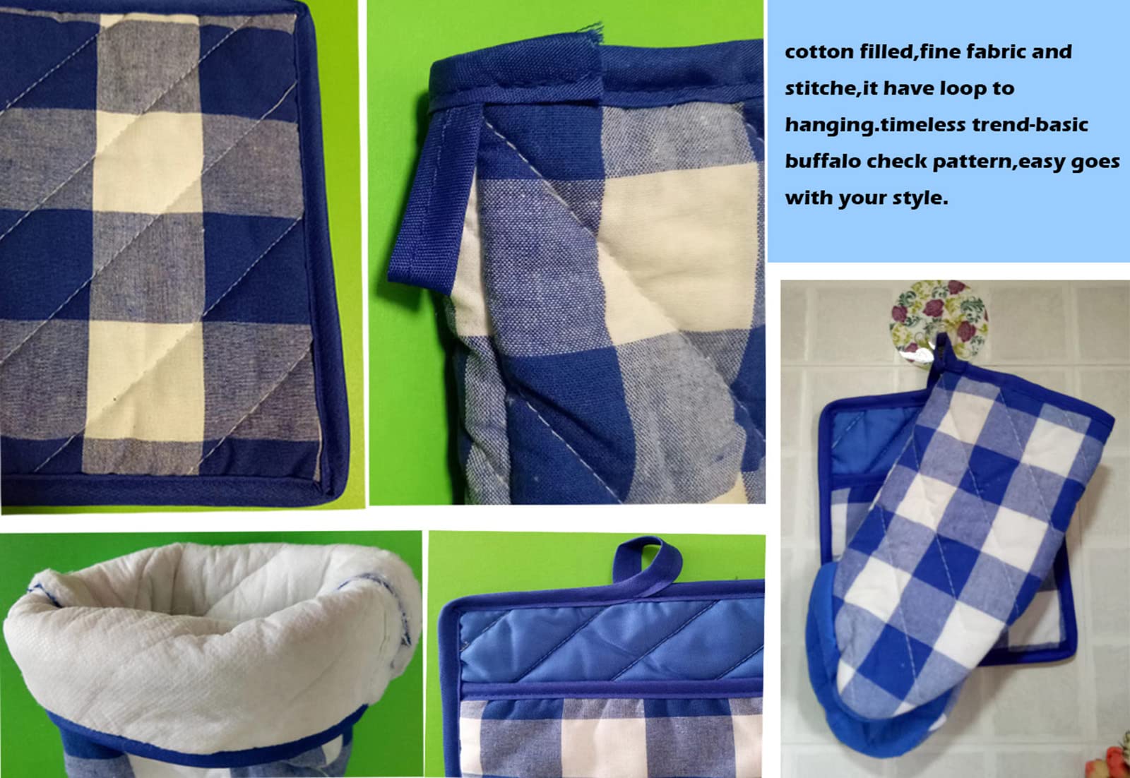 Cotton Oven Mitts and Pot Holder Sets Buffalo Check 4 Pack Heat Resistant Recycled Quilted Cotton Breathable Fabric Comfortable for Kitchen Cooking Baking