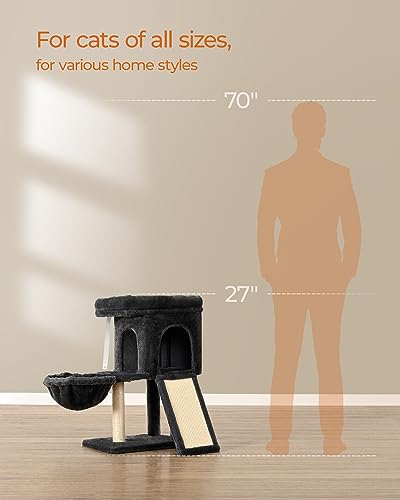 FourFurPets Cat Tree, 27in Cat Tower, Cat Condo for Kittens, Large Cat Perch, Cat Caves, Cat Basket, Sisal Scratching Board, Smoky Gray