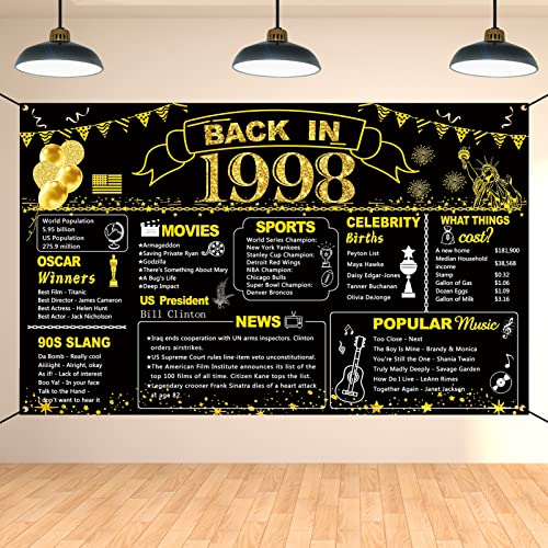 DARUNAXY 26th Birthday Black Gold Party Decoration, Back in 1998 Banner 26 Year Old Birthday Party Poster Supplies Vintage 1998 Backdrop Photography Background for Men & Women 26th Class Reunion Decor