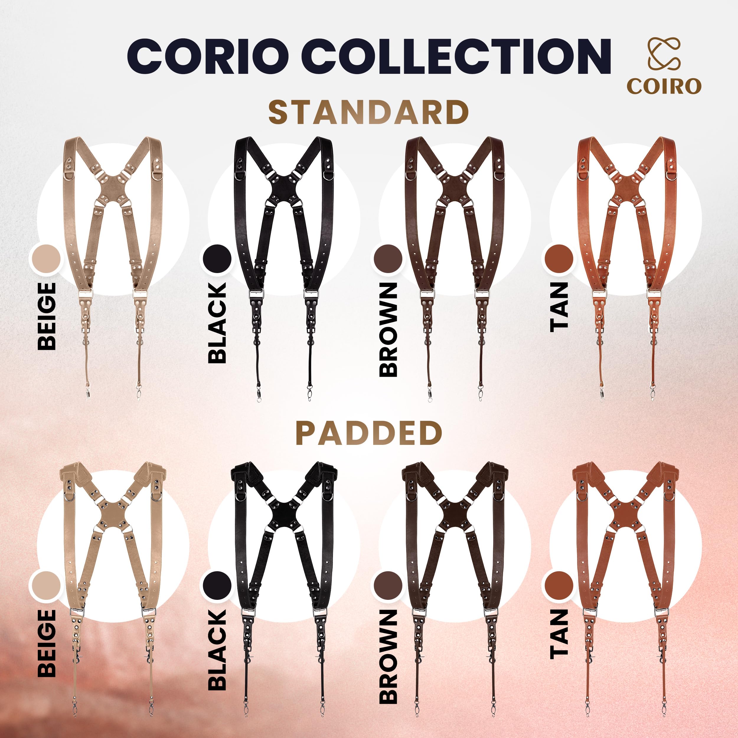 C Coiro Camera Harness for 2 Cameras β Dual Shoulder Leather Camera Strap β Double Camera Harness for DSLR/SLR, Camera Straps for Photographers of All Levels, Padded Straps/Color Tan