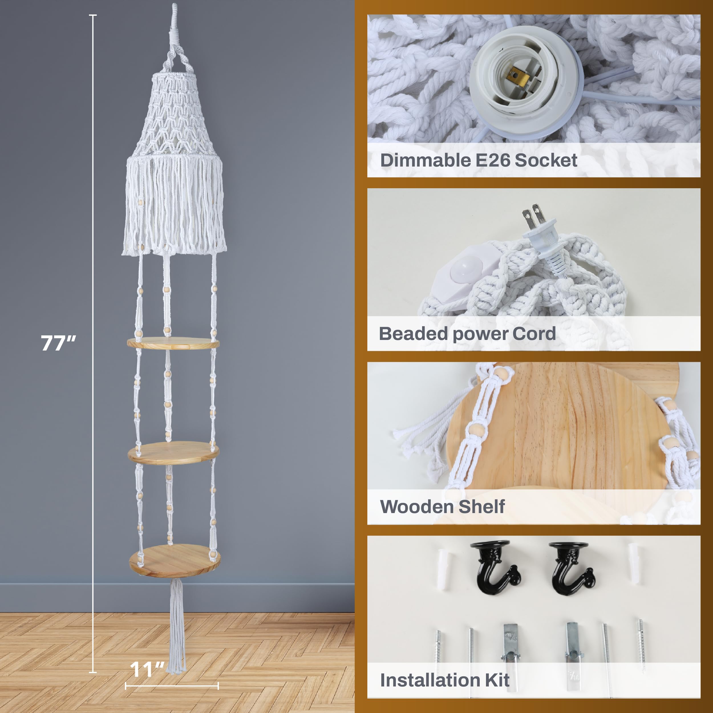 Boho Floor Lamp with Macrame Lamp Shade - Boho Hanging Lights with Plug in Cord - Boho Pendant Light for Cozy Spaces - Hanging Lamps for Living Room Plug in - Bohemian Living Room Decor Boho Lighting
