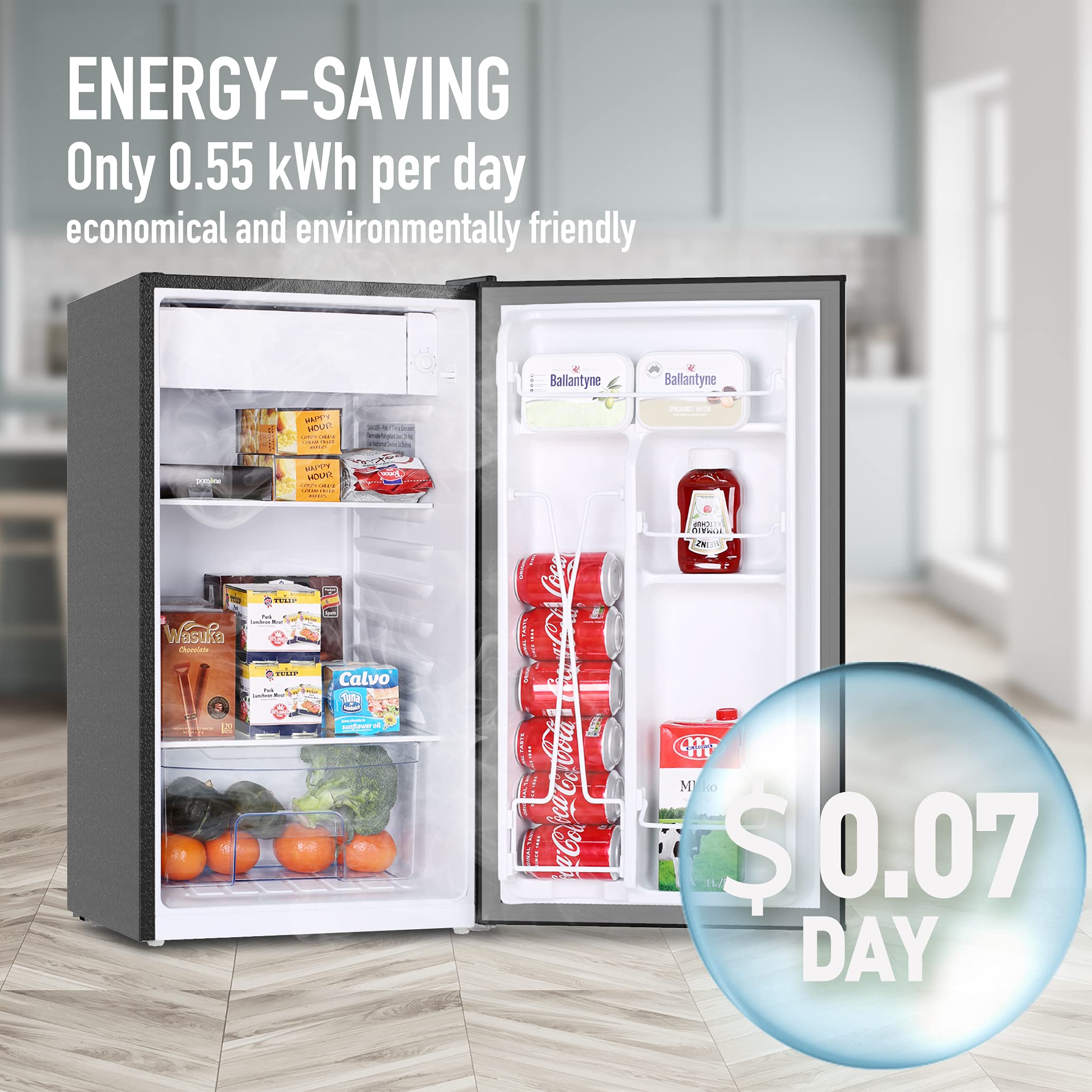 Compact Fridge 3.2 CU.FT. Mini Dorm Refrigerator Small Fridge with Freezer, 37 dB Low Noise, Adjustable Temperature, Reversible Door, for Home Office Dorm or RV (Black)
