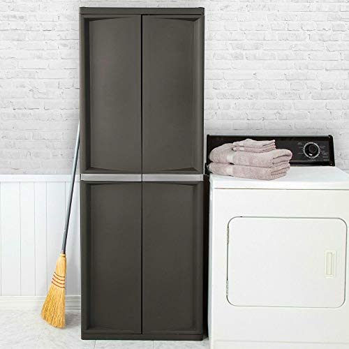 BS Lockable Storage Cabinet Outdoor 4 Shelf Organizer Yard Garden Garages Pantry Dorm Room Kitchen Adjustable Shelves 2 Doors Accent Cabinet Storage Shed Horizontal Durable Grey
