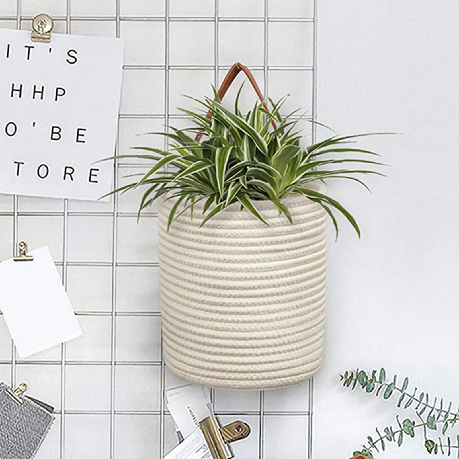 Cotton Rope Basket with Handle for Baby Laundry Basket Toy Storage Blanket Storage Hanging Basket Round Multi-Purpose Woven Wall Rope Basket for Home White S