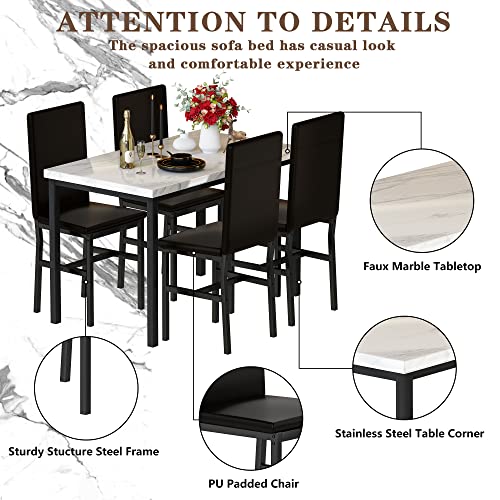 Hooseng Dining Table Set for 4- Space Saving Kitchen Table and Chairs for 4, Modern Style Faux Marble Tabletop & 4 PU Leather Chairs, Perfect for Dining Room,Breakfast Corner Small Spaces,Brown&White