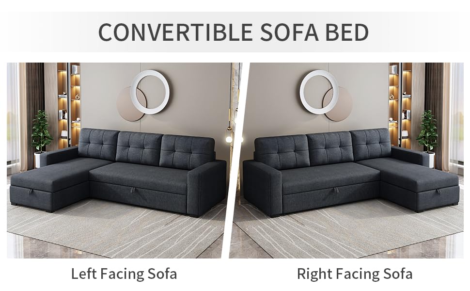 Favfurish 81.5" Sectional Sleeper Sofa with Storage Chaise, L Shaped Pull Out Couch Bed with 3 Removable Back Cushion for Living Room,Apartment,Office, Dark Grey