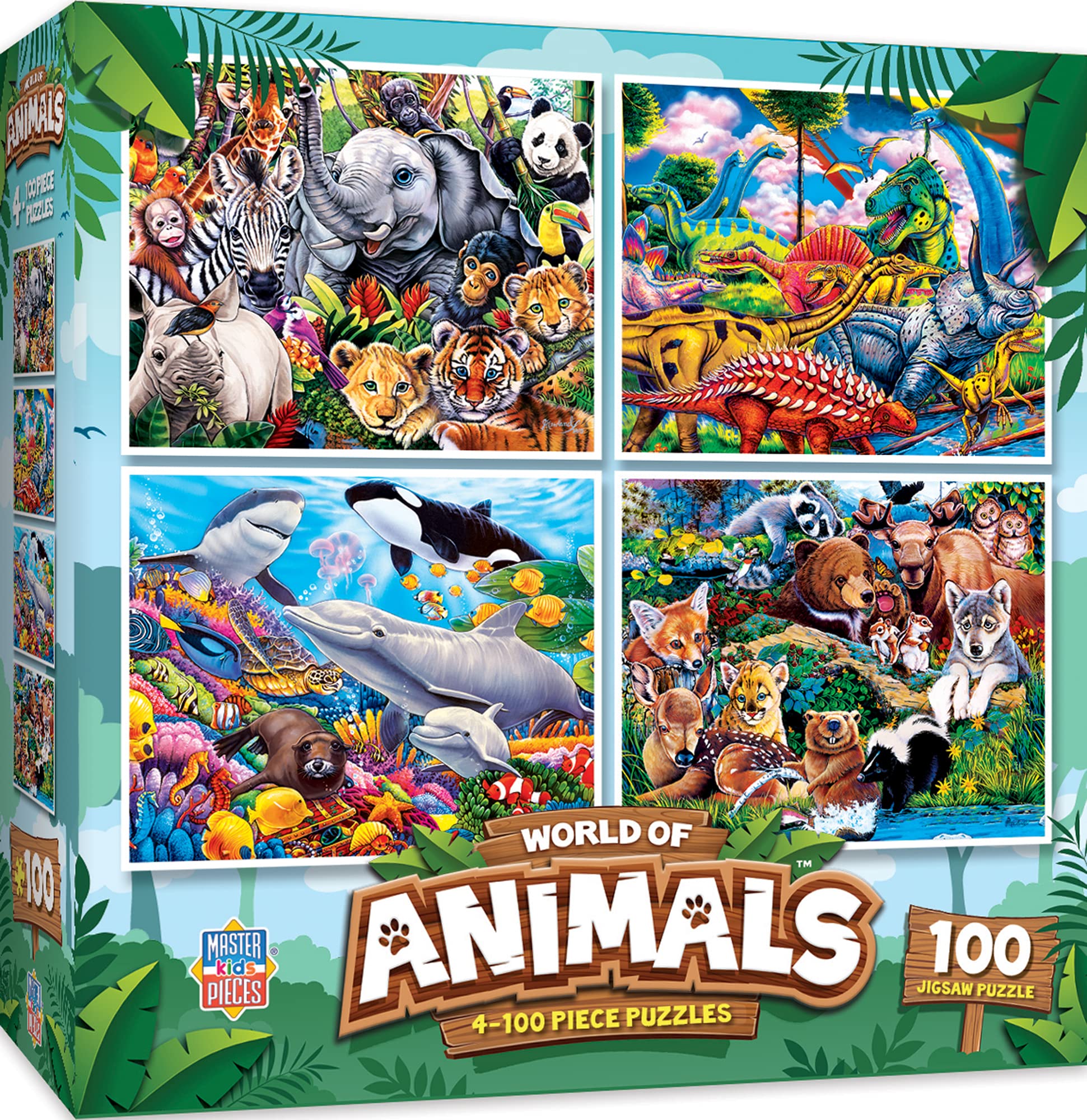 MasterPieces â Jigsaw Puzzle Set for Kids 6+ Years, 4-Pack of 100 Pieces, Educational and Fun Game, World of Animals Collection, Gift Idea for Children, 8" x 10