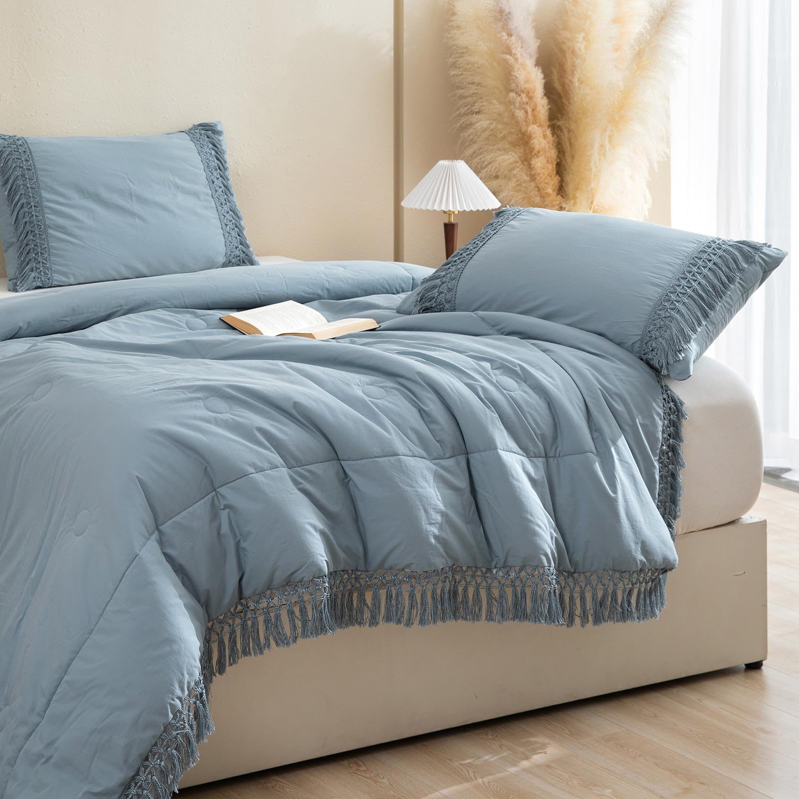 Boho Queen Comforter Farmhouse Comforter Set Shabby Chic Fringe Tufted Tassel Design Linen Like Textured Beding Comforter 1 Bohemian Comforter 2 Pillowcases (Blue, Queen)