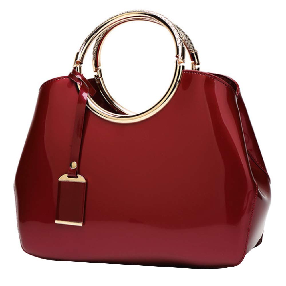 Rullar Women Elegant Handbag and Purse Top Handle Bag Patent Leather Tote Satchel Shoulder Clutch Crossbody Bag with Pendant Burgundy