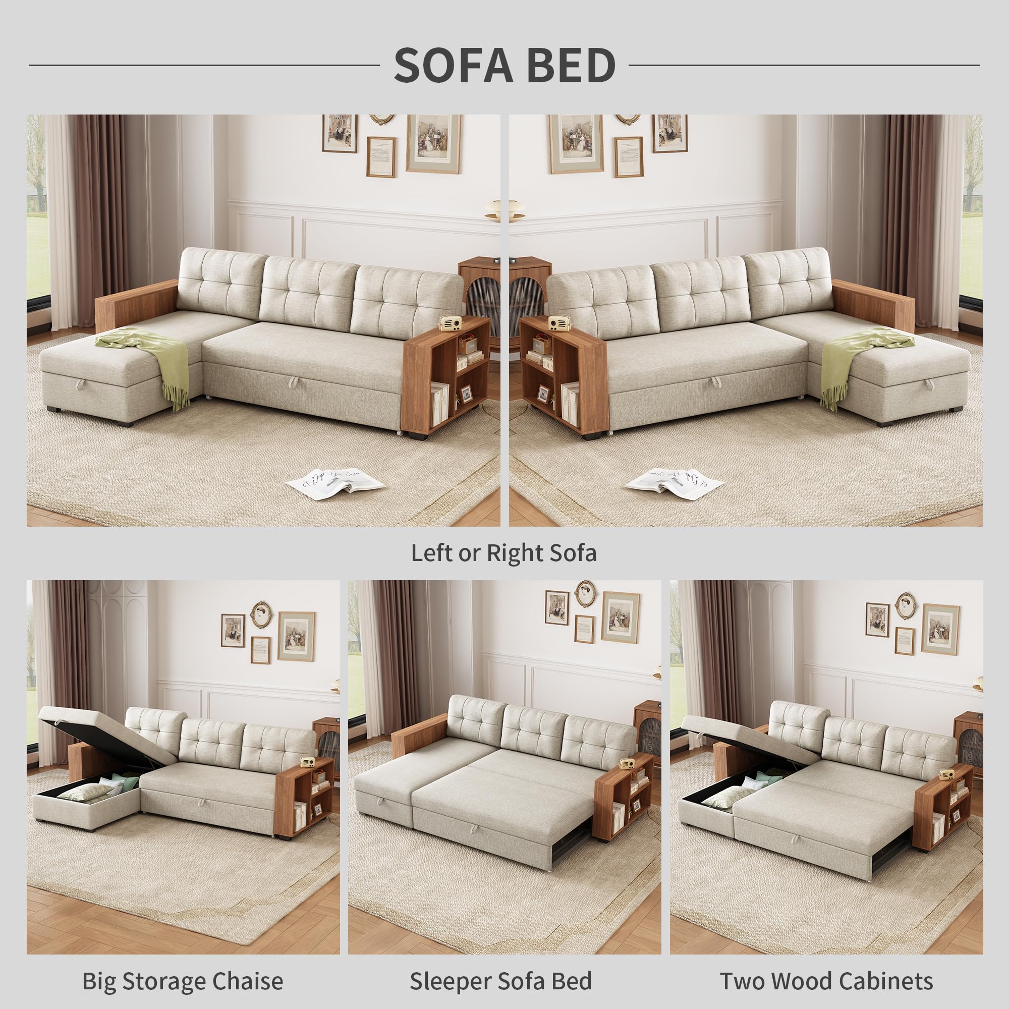 Favfurish 84" Convertible Sectional Couch with Pull Out Bed and Storage Chaise,L Shaped Sleeper Sofa W/Wood Cabinet Armrests&Removable Back Cushions,Living Room Furniture for Home,Office,Dark Beige