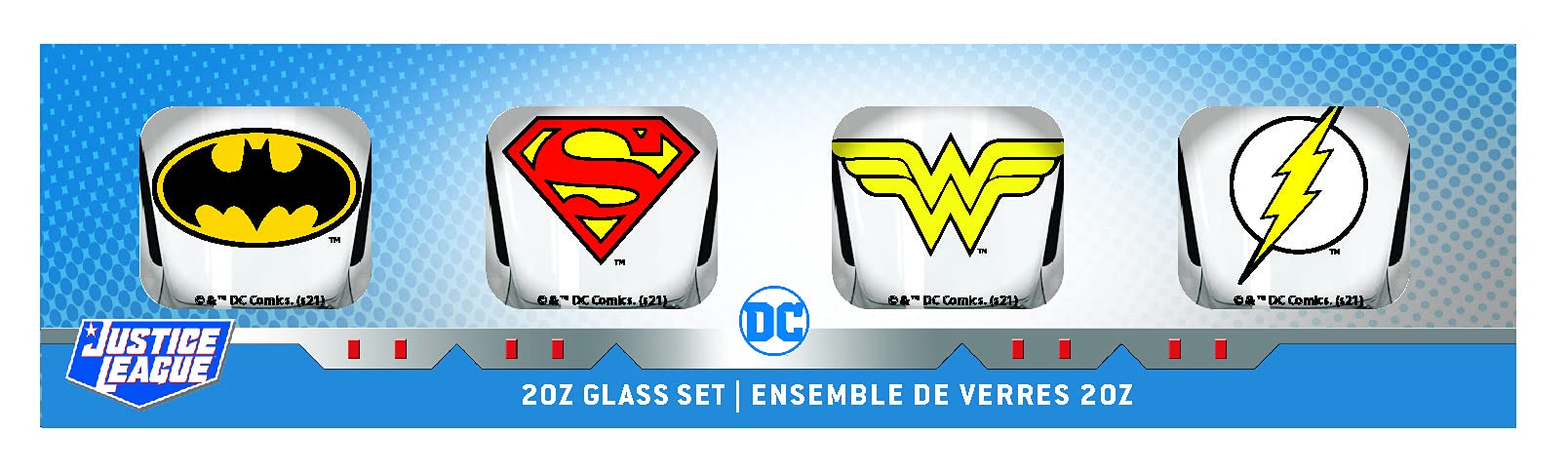 DC Comics Justice League Shot Glass Set - 2 oz. Capacity - Set of 4 Shot Glasses - Superman, Batman, Wonder Woman, Flash Clear