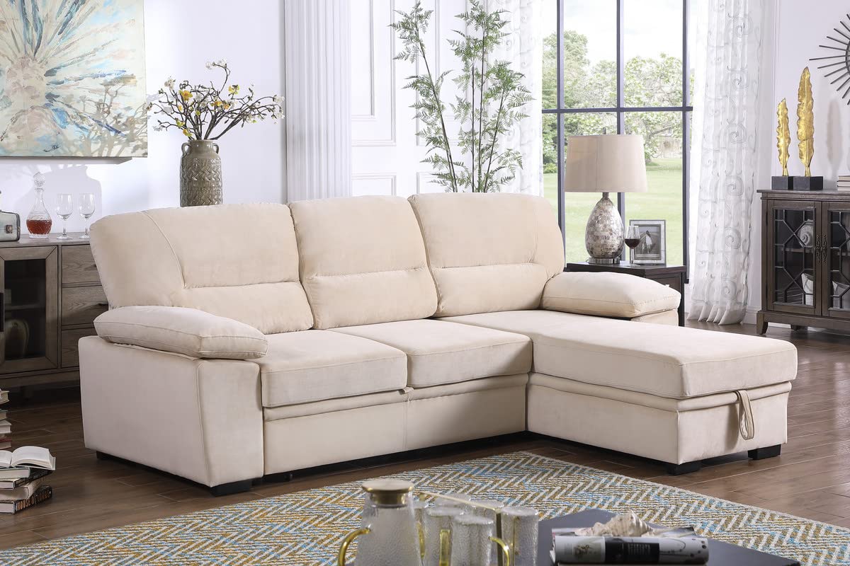 Favfurish 96" Microfiber Reversible Sleeper Sectional Sofa with Chaise and Storage, L-Shaped Couch with Pull-Out Bed and Nailhead Trim for Living Room, Apartment, Office,Saddle, Brown-1