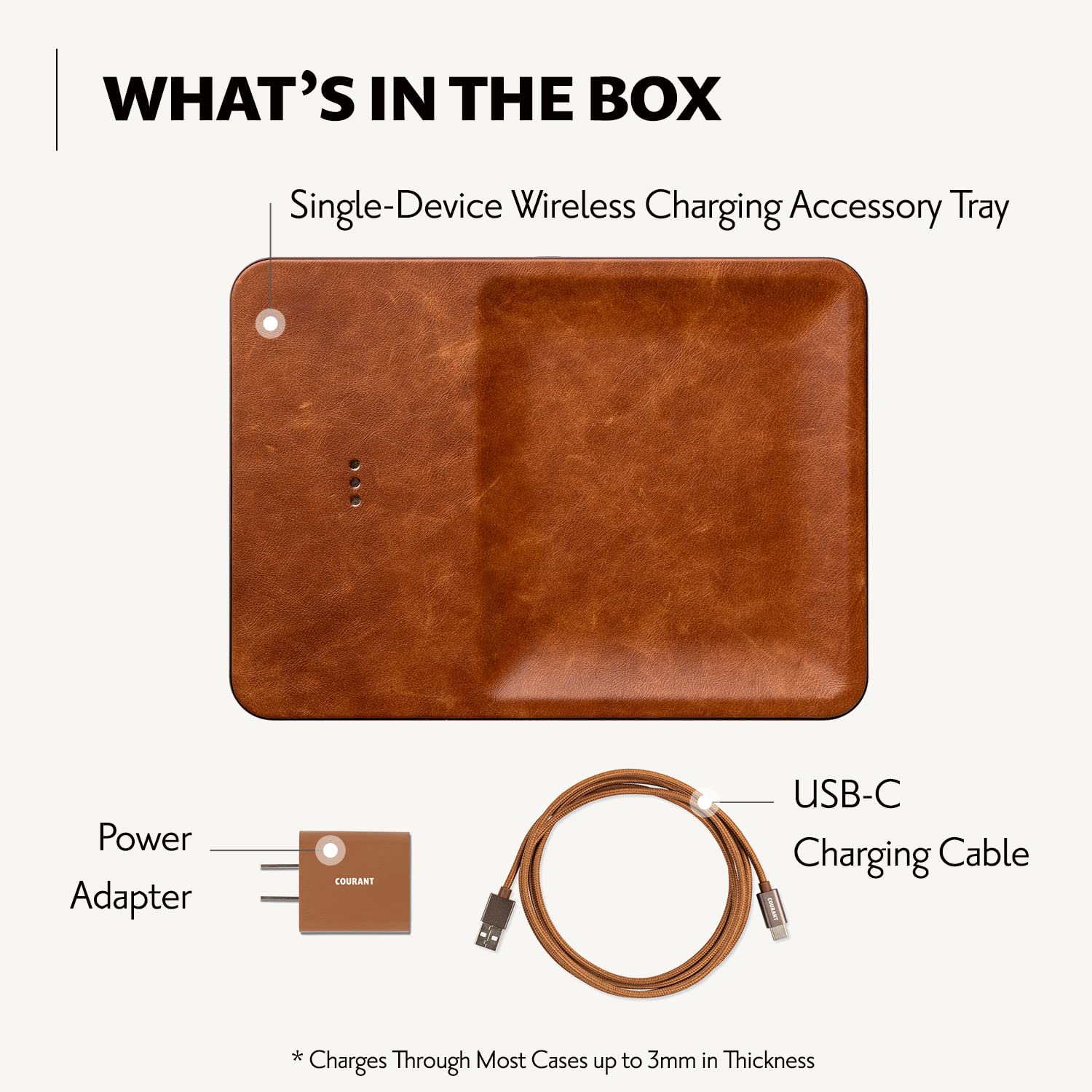 Courant Catch:3 Classics - Italian Leather Wireless Charging Station and Valet Tray (Saddle) - Compatible with iPhone 15, 14, 13, 12, 11, Galaxy S21, S20, Note, AirPods, AirPods Pro