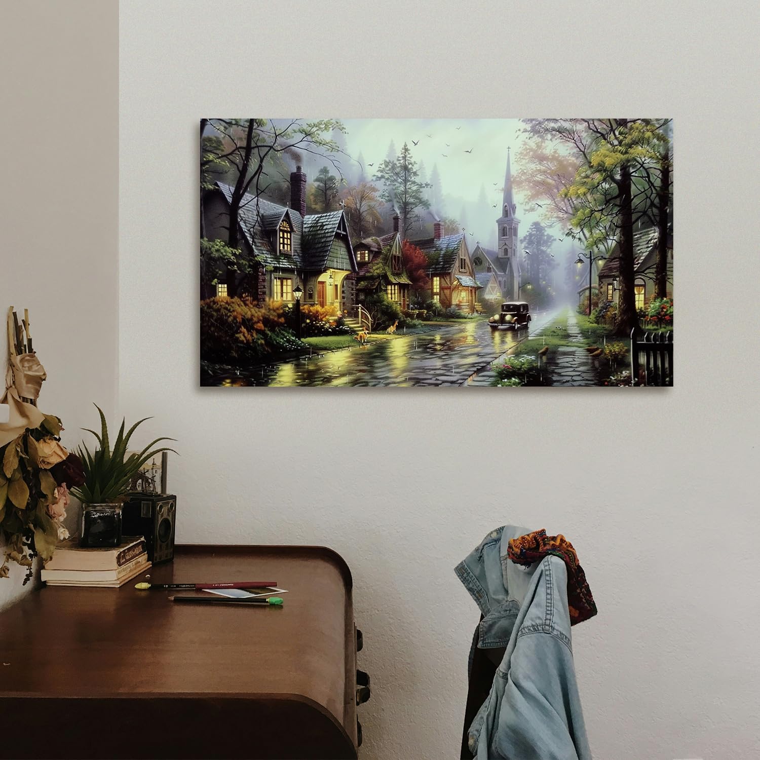 BOHU ARTS Clocktower Cottage Canvas Art Paintings Landscape Wall Art for Bedroom Livingroom Office Framed Ready to Hang