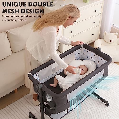 YADAQE Baby Bassinet, Baby Basinet Bedside Sleeper, Easy to Fold Portable Crib Side Bassinet 2023new Style Girl/boy bassinets (Gray)
