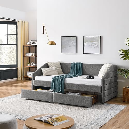 Flieks Twin Size Upholstered Daybed with Two Drawers, Linen Fabric Upholstered Sofa Bed, Wheeled Storage Daybed with Wood Frame, No Box Spring Needed, Gray